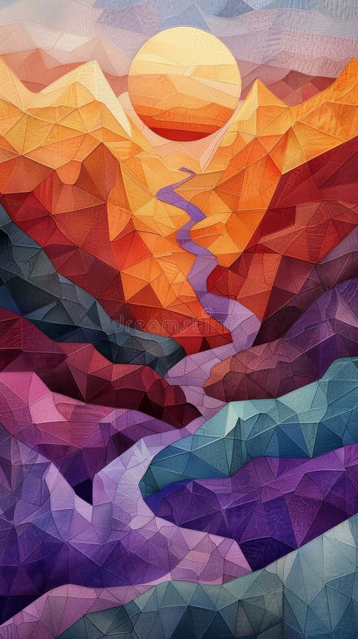 Abstract Geometric Landscape with River and Sun Stock Photo - Image of ...