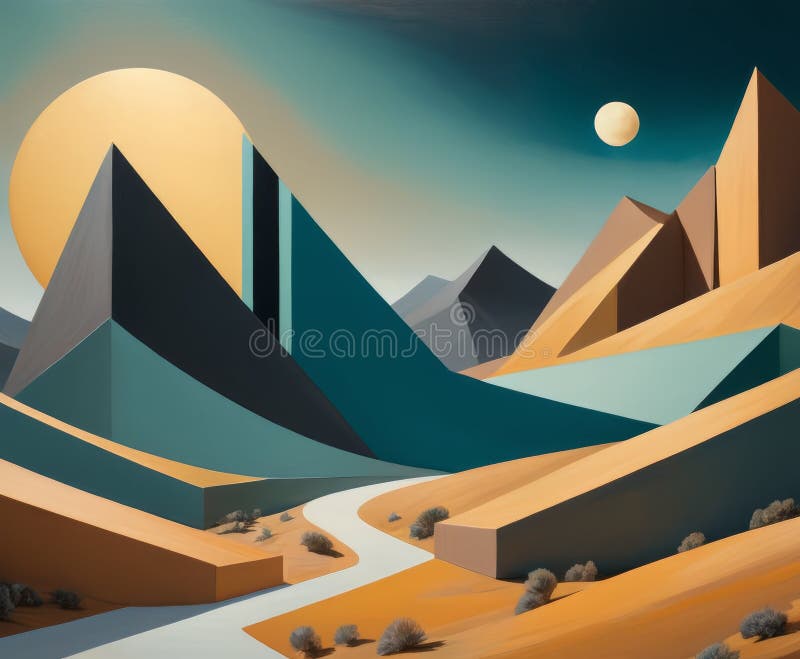 Abstract Geometric Landscape with Suns and Pyramids Stock Image - Image ...