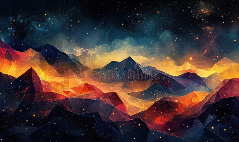 Abstract Geometric Landscape with Vibrant Colors and Starry Night Sky ...
