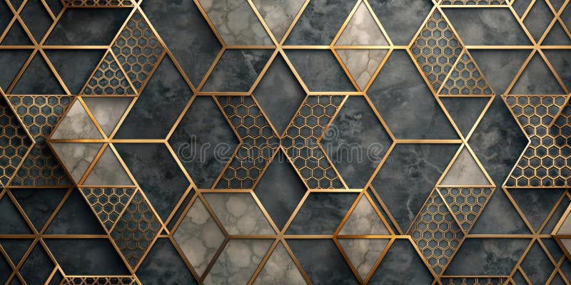 Abstract Geometric Marble and Metal Design with Gold Accents Featuring Interlocking Hexagons and ...