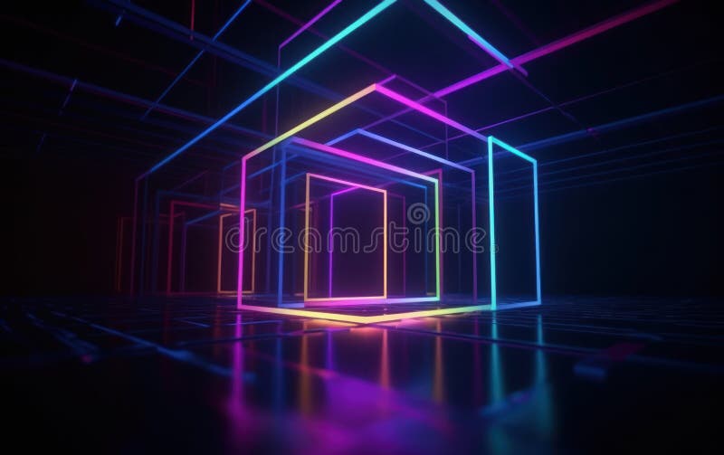 Abstract Geometric Neon Background with Glowing Square Frame. Laser ...