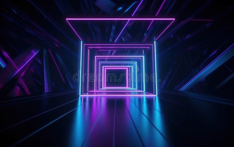 Abstract Geometric Neon Background with Glowing Square Frame. Laser ...