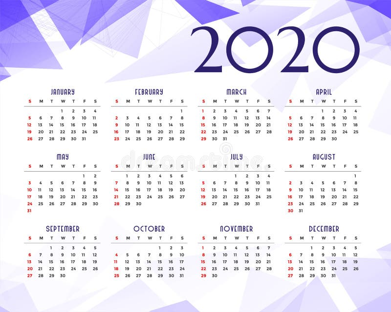 Abstract Geometric 2020 New Year Calendar Template Design Stock Vector ...