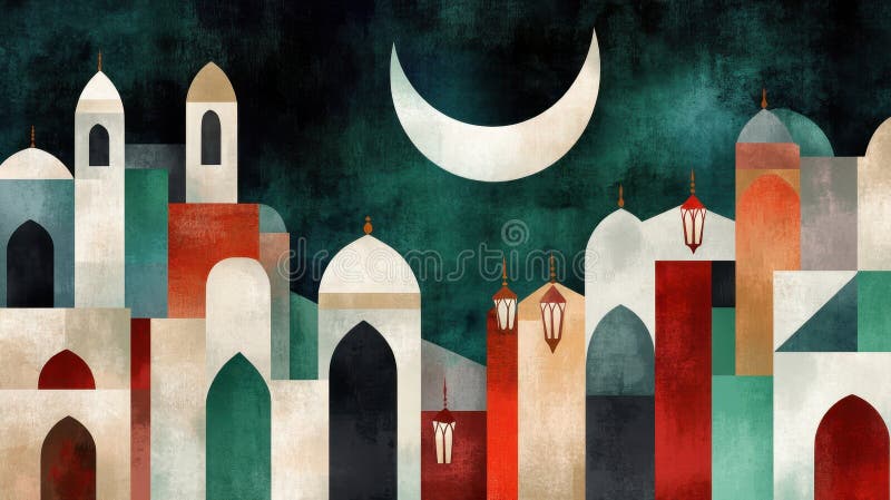 Abstract Geometric Night Scene with Crescent Moon and Lanterns Stock ...
