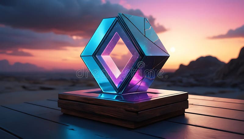 Abstract Geometric Object at Sunset on Table with Desert Background ...