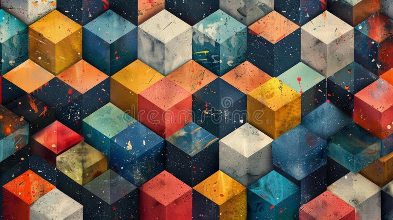 Abstract Geometric Pattern of Colorful Cubes with a Textured, Painted ...