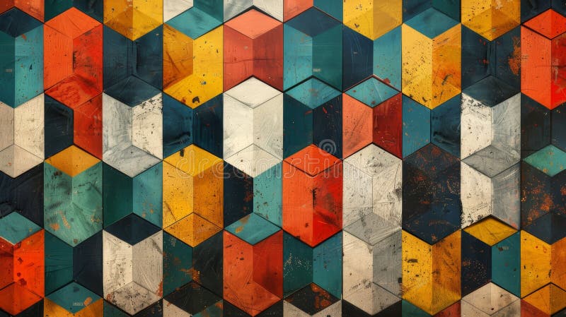 Abstract Geometric Pattern with Colorful, Distressed, Wooden Textures ...