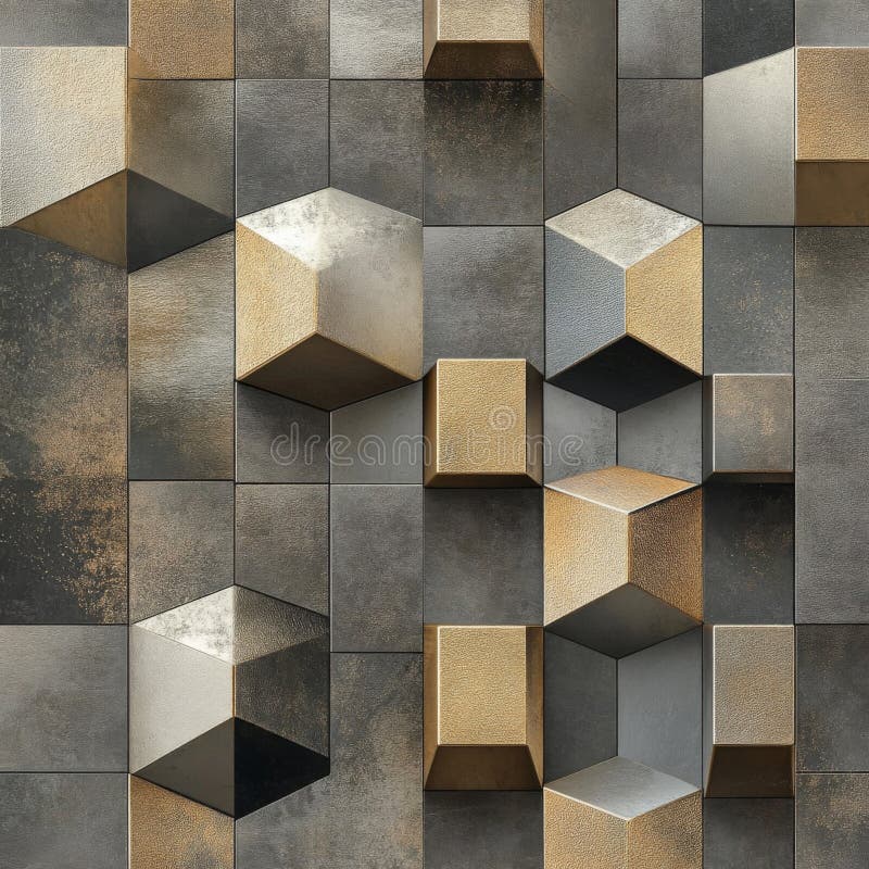 Abstract Geometric Pattern of Gold and Silver Cubes on a Dark Grey ...
