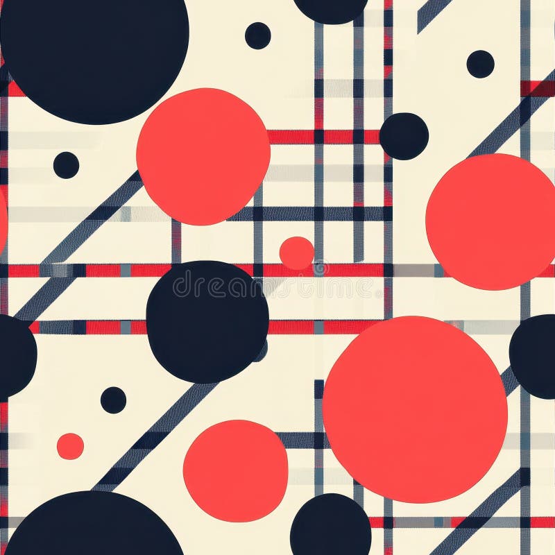 Abstract Geometric Pattern with Red and Black Circles on Plaid Stock ...