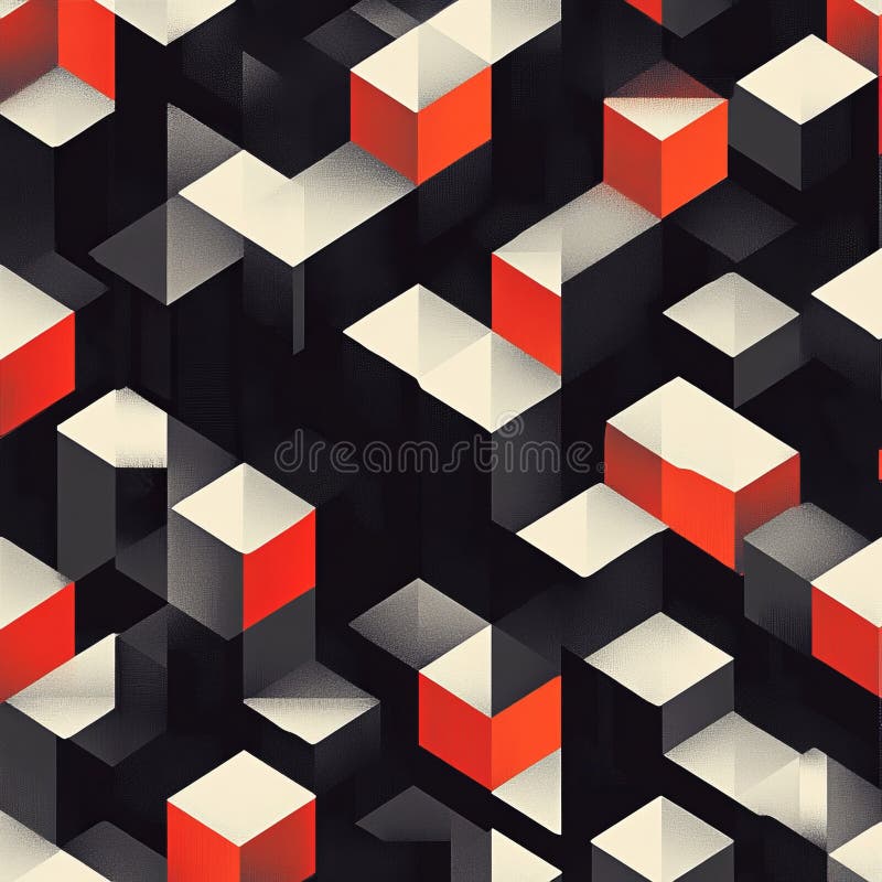 Abstract Geometric Pattern with Red and White Cubes on a Black ...