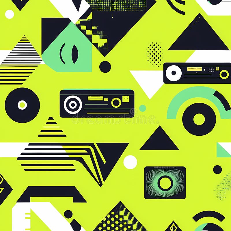 Abstract Geometric Pattern with Retro Tech Elements in Neon Green and ...