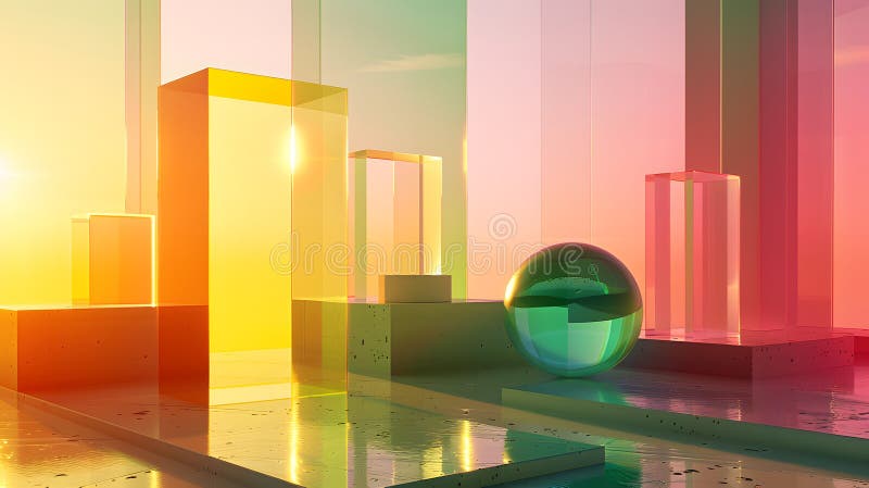 Abstract Geometric Scene with Colorful Glass Structures and a ...