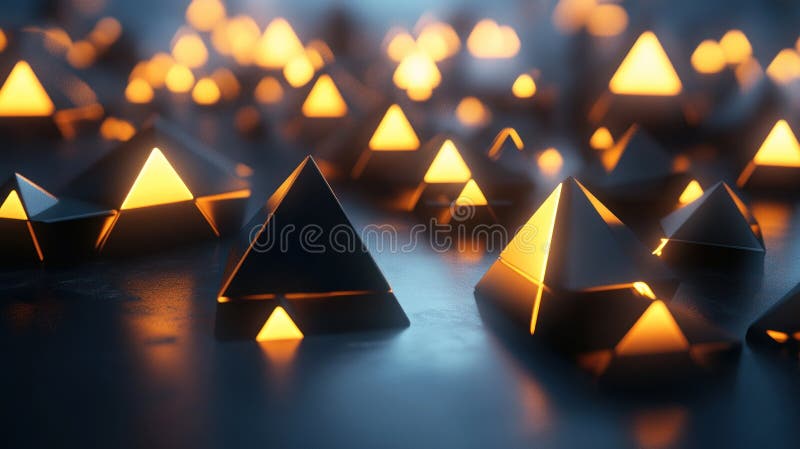 Abstract Geometric Scene with Illuminated Pyramid-Like Shapes in a Dark ...