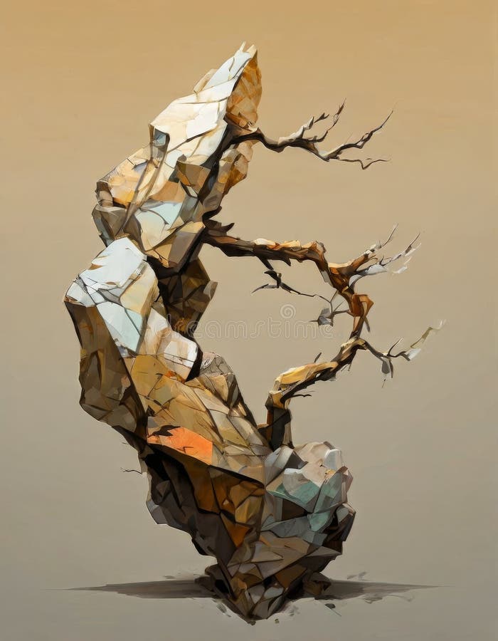 Abstract Geometric Sculpture of Rock with Tree Branches Stock Photo ...