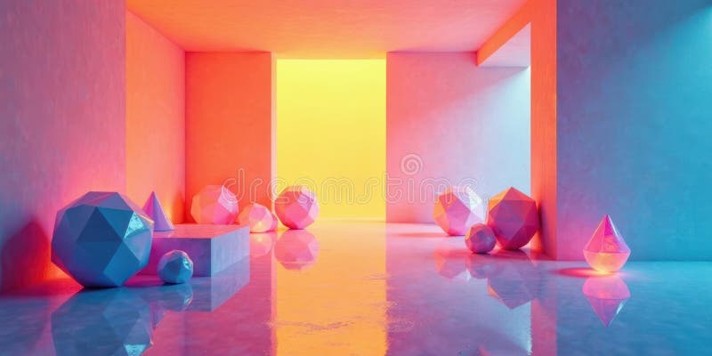 Abstract Geometric Shapes Bathed in Vibrant Neon Light within a Modern ...