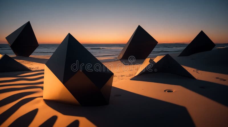 Abstract Geometric Shapes in Black, Casting Long Shadows on a Neon-lit ...