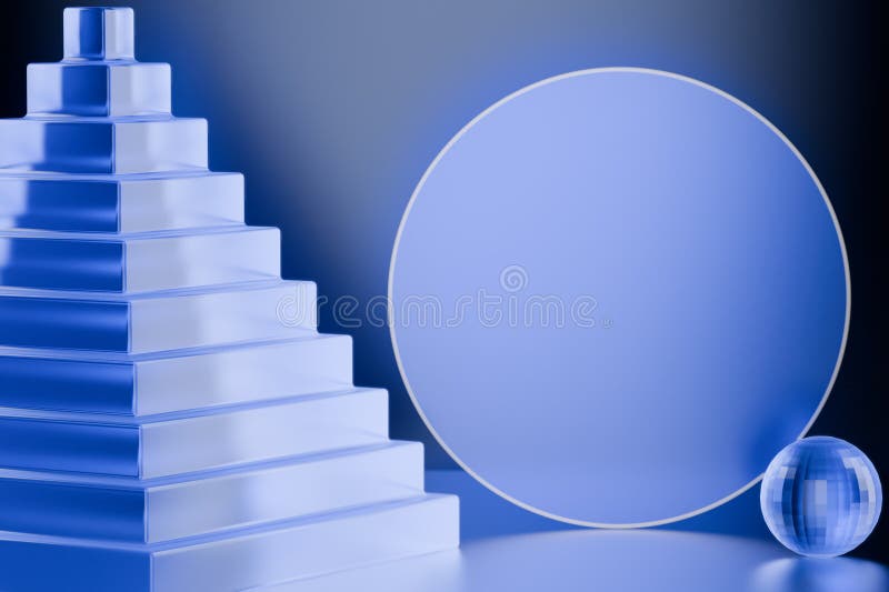 Abstract Geometric Shapes in Blue Tones, Including a Pyramid, a Sphere ...