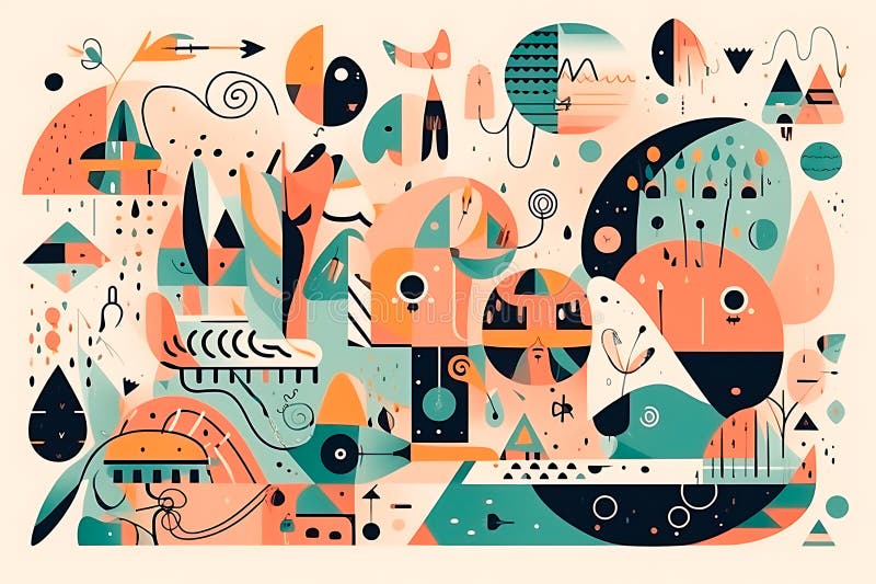 Abstract Geometric Shapes, Cute Funny Elements Compositions in Doodle ...