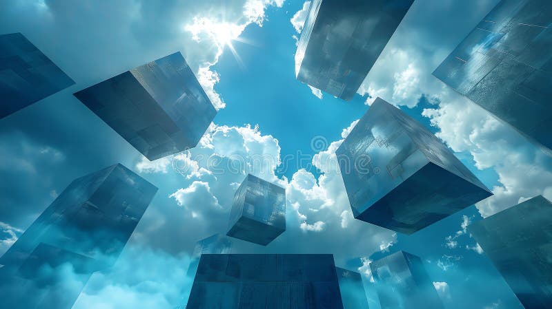 Abstract Geometric Shapes Float Against a Bright Blue Sky with Fluffy ...