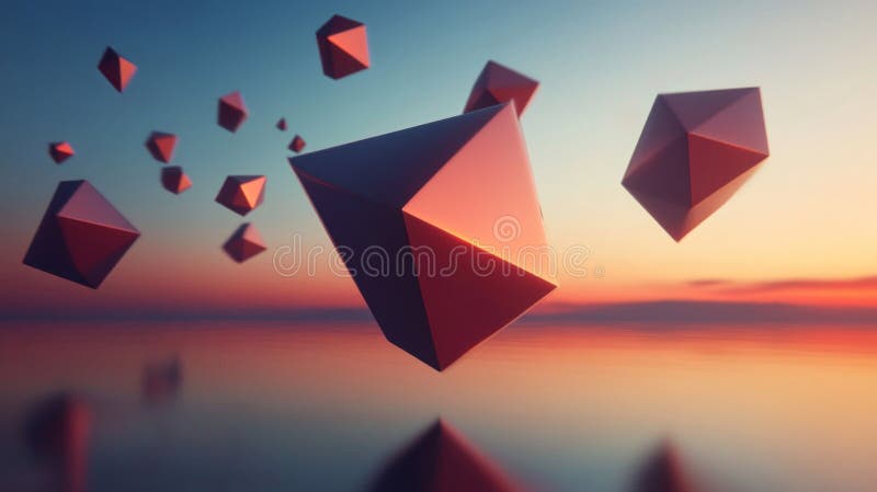 Abstract Geometric Shapes Floating Above Sunset Water Stock ...