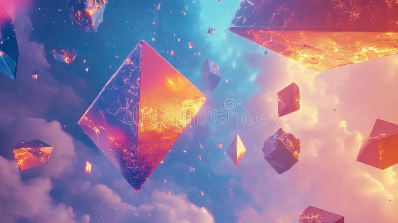 Abstract Geometric Shapes Floating in a Dreamy Sky Stock Illustration ...