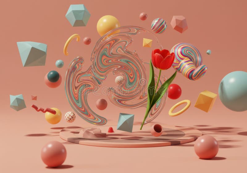 Abstract Geometric Shapes and Floating Flower on Peach Background Stock ...