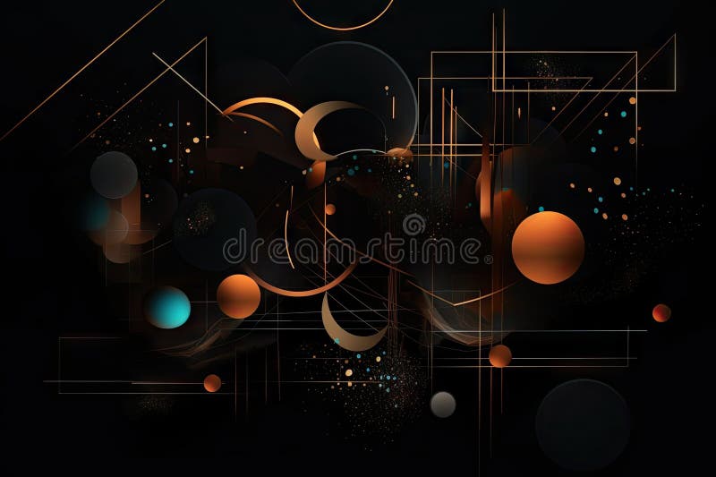 Abstract Geometric Shapes and Lines Floating in Rich Black Background ...