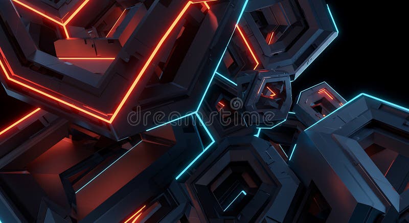 Abstract Geometric Shapes with Neon Lights on Dark Background Stock ...