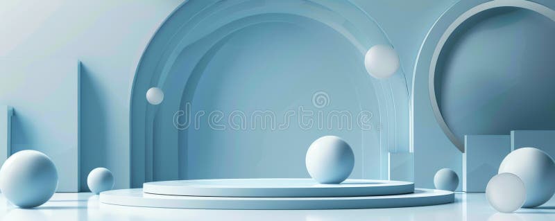 Abstract Geometric Shapes in Shades of Blue with Spheres and Arches ...
