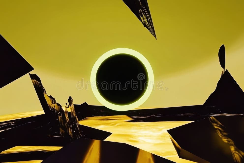 Abstract Geometric Shapes with Solar Eclipse in Surreal Yellow ...