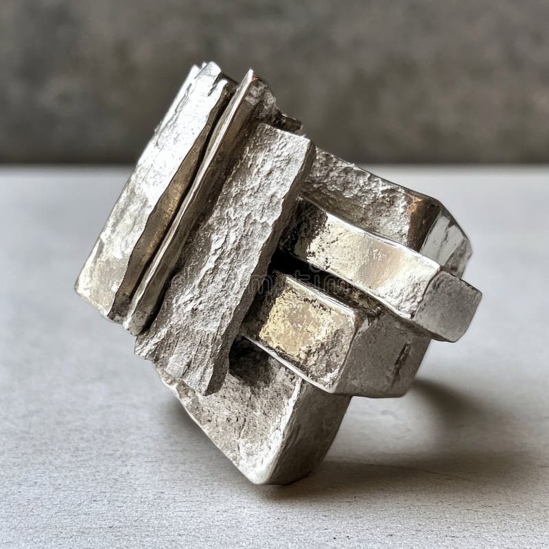 Abstract Geometric Silver Ring with Textured Surface on Neutral ...