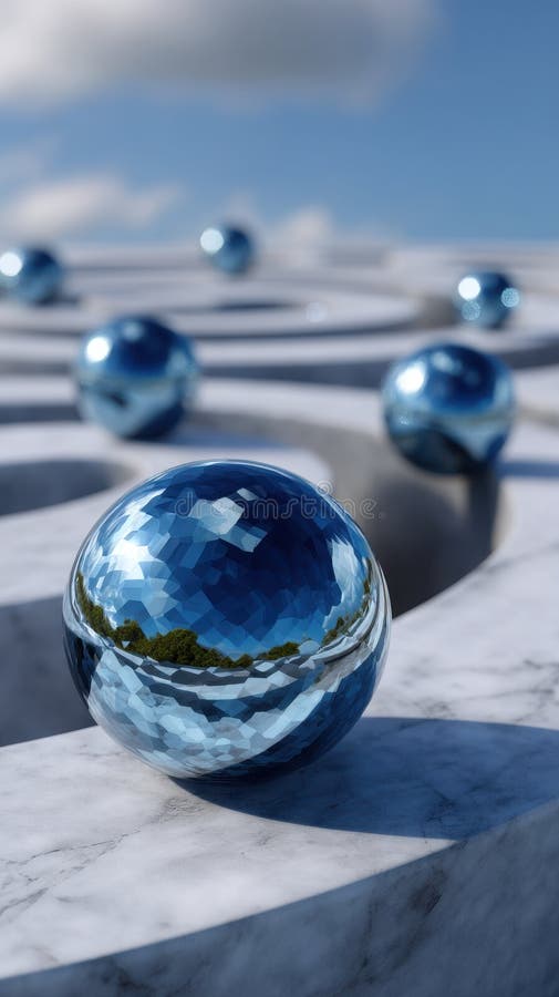Abstract Geometric Spheres on Marble Maze with Sky Reflection ...