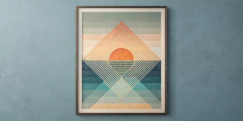 Abstract Geometric Sunset Artwork in a Brown Frame on a Teal Wall ...