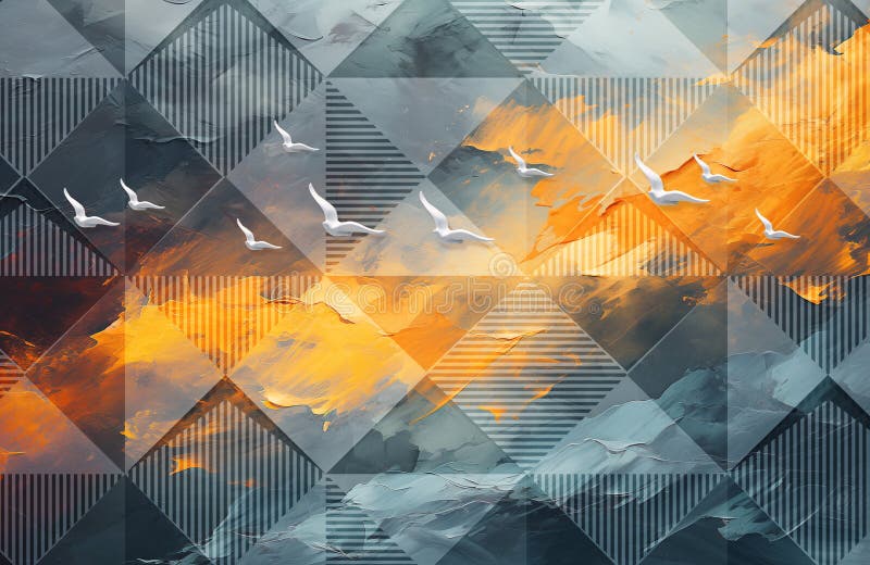 Abstract Geometric Sunset with Flying Birds Stock Illustration ...