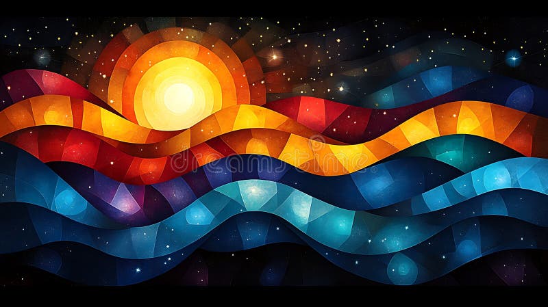 Abstract Geometric Sunset and Starry Sky Design Stock Illustration ...