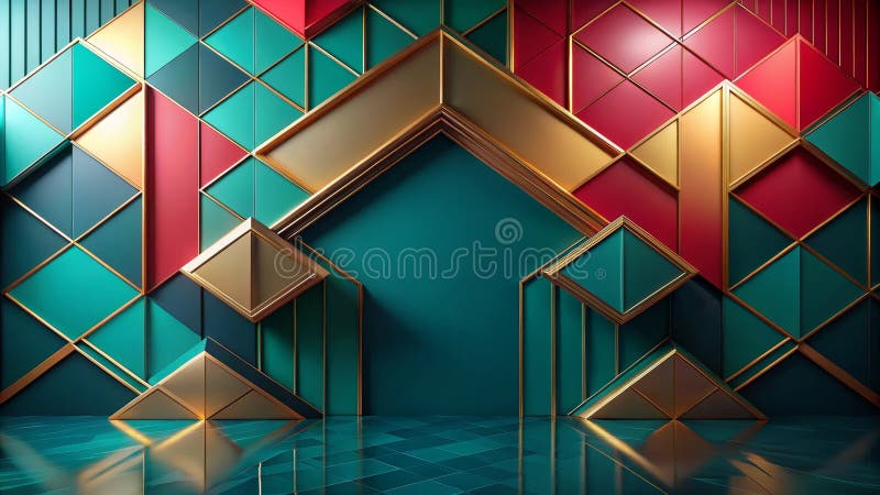 Abstract Geometric Teal, Red, and Gold Wall Design. Generative AI Stock ...