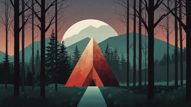 Abstract Geometric Tent in a Forest at Sunset with Mountains and Trees ...