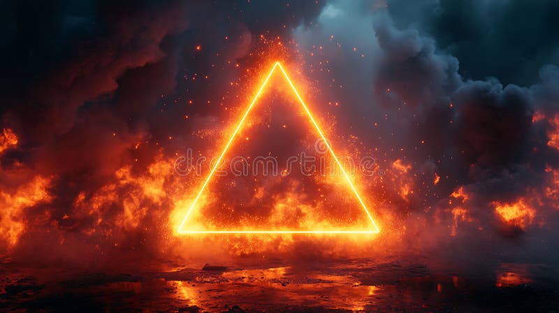 Abstract Geometric Triangle Glowing Neon Over Fiery Clouds and ...