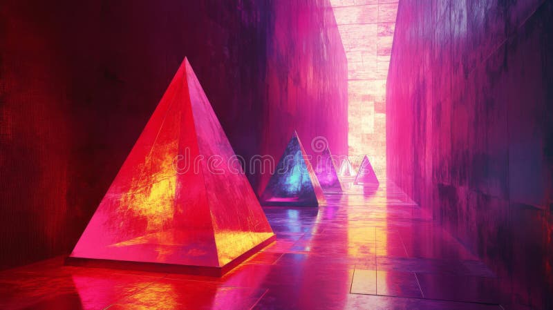 Abstract Geometric Tunnel with Glowing Pyramids in Red and Blue Colors ...