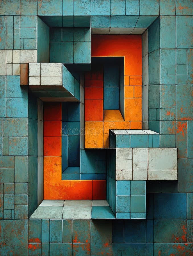 Abstract Geometric Wall Art with Blue and Orange 3d Interconnected ...