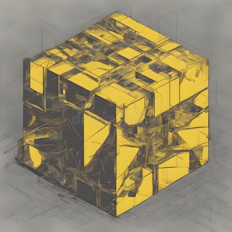 Abstract Geometric Yellow Cube with Black Fragments Background Stock ...