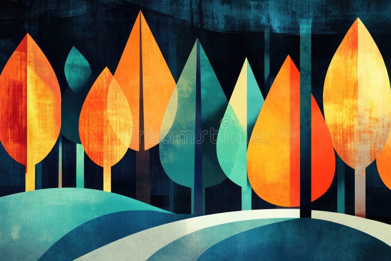A Minimalist, Abstract Forest Landscape with Stylized Trees Set Against ...