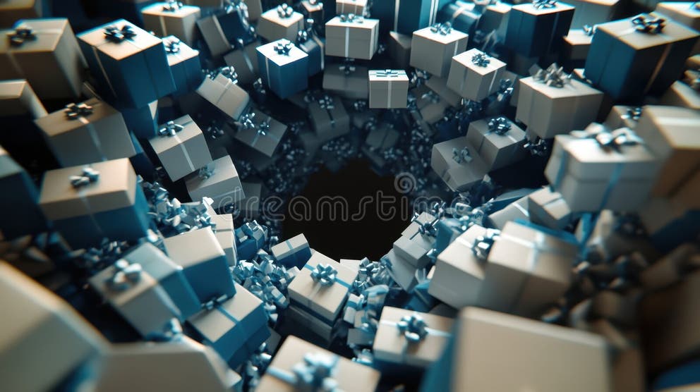 Abstract Gift Boxes Creating Vortex Effect in 3D Rendering Stock ...