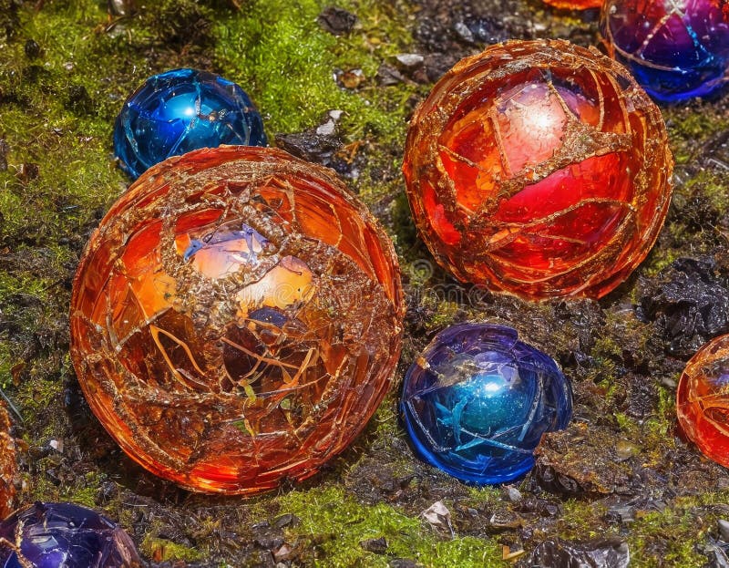 Abstract Glass. Glass Balls on the Ground, Multicolored , Shards ...