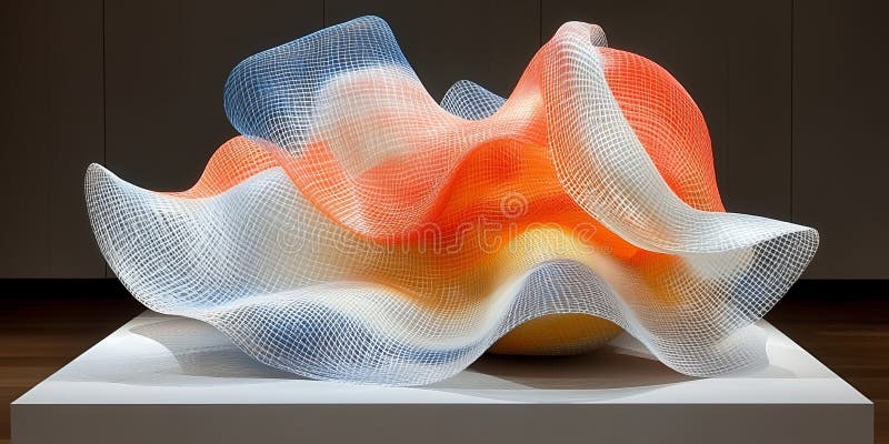 Abstract Glass Sculpture Modern Art Exhibit Orange White Blue Grid ...