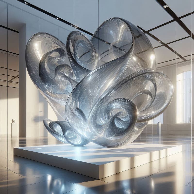 Abstract Glass Sculpture with Twisting Forms in a Minimalist Gallery ...
