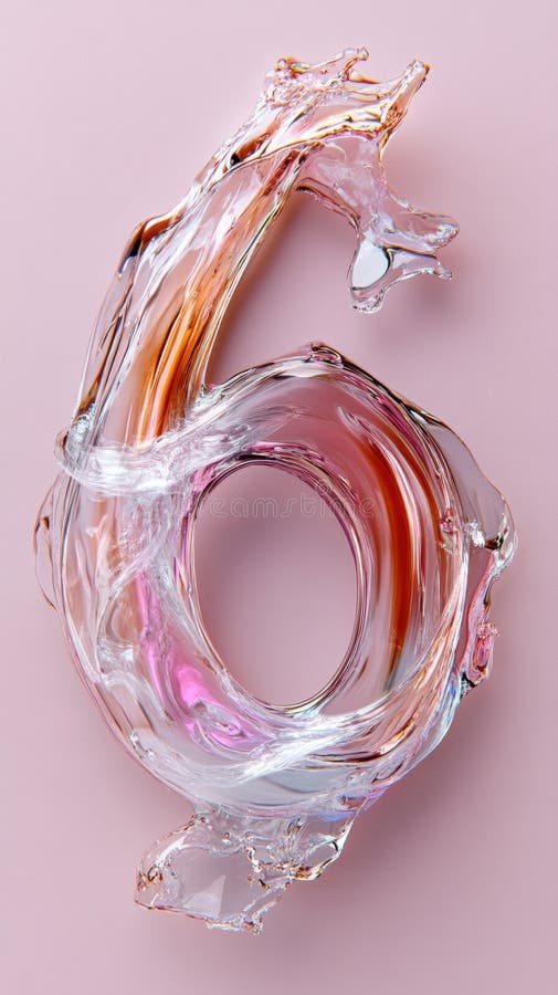 Abstract Glass Water Number Six on Pink Background with Fluid Design ...