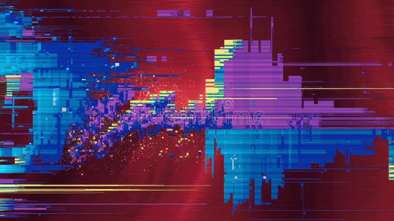Abstract Glitch Art of Blue and Purple Pixels on Red Background ...