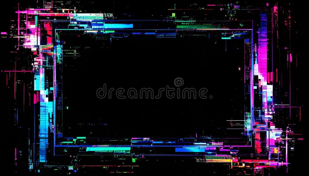 Abstract Glitch Frame with Neon Lines and Shapes Stock Illustration ...