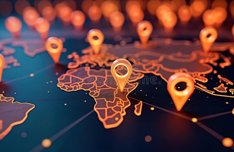 Abstract Global Map Visualization with Glowing Location Pins. Colorful ...